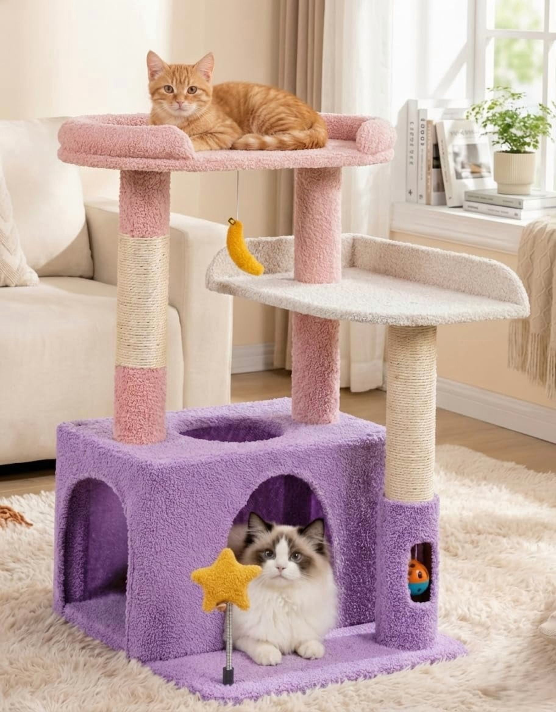 32" Cute Tower for Indoor Kittens with Condo, Plush Platform, Hammock ...