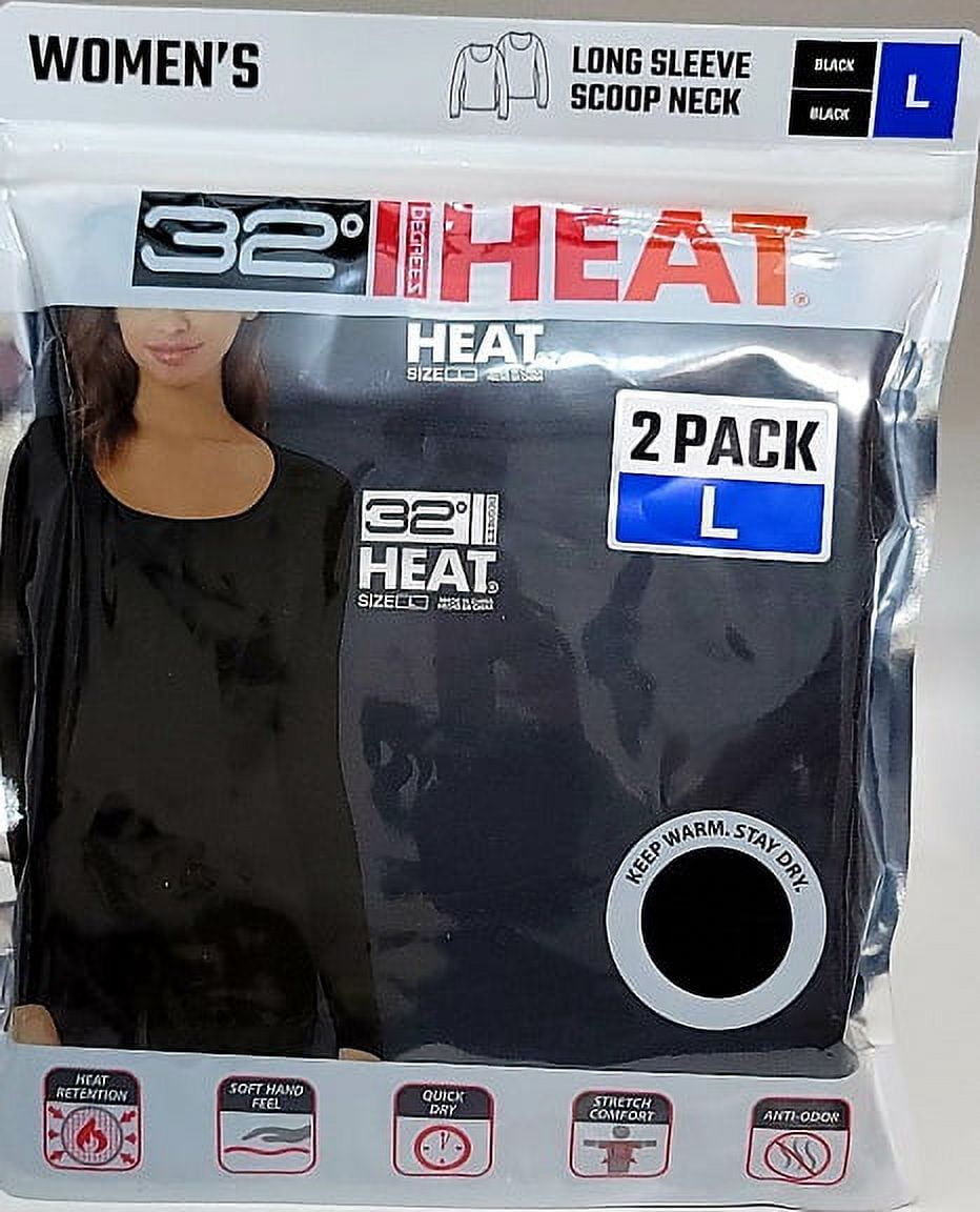 32 Degrees Heat Women's 2 Pack Black Long Sleeve Scoop Neck Under Shirt ...