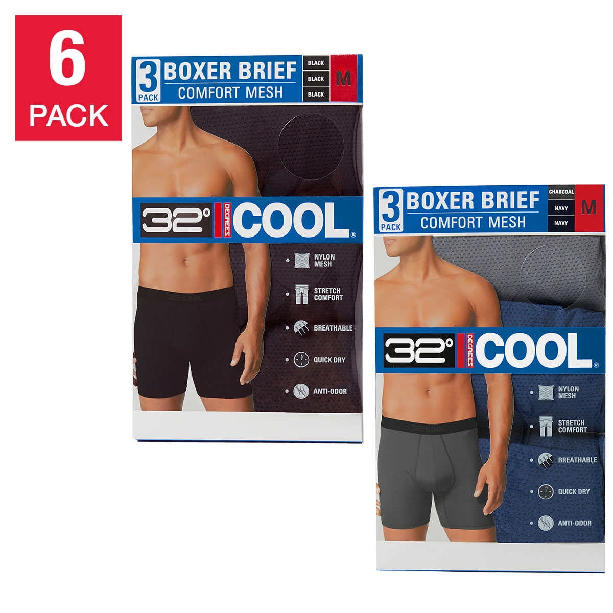 32 Degrees Men’s Stretch Comfort Anti-Odor Mesh Boxer Brief 6 Pack ...