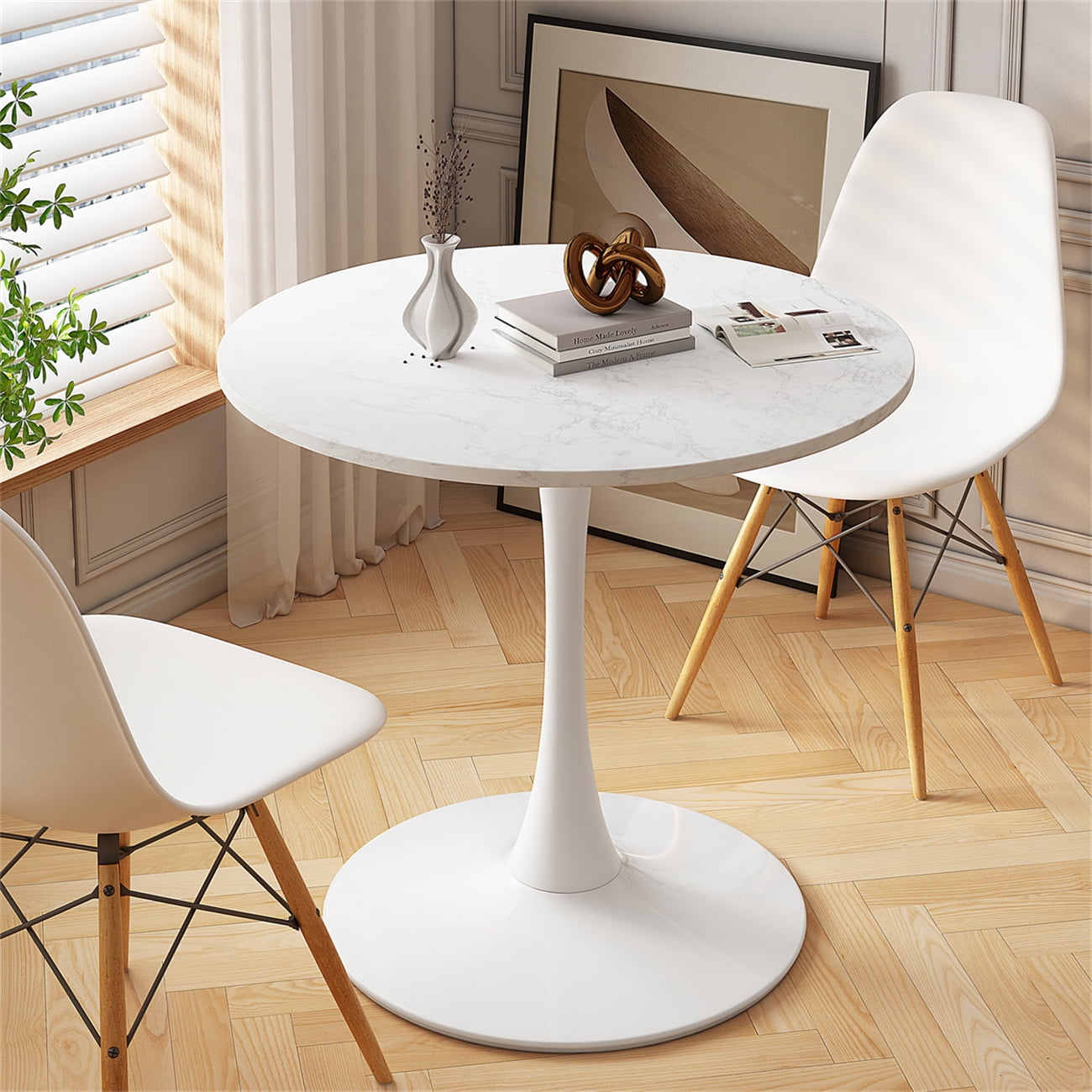 32" Dining Table, Modern Round Dining Table with Printed White Marble ...