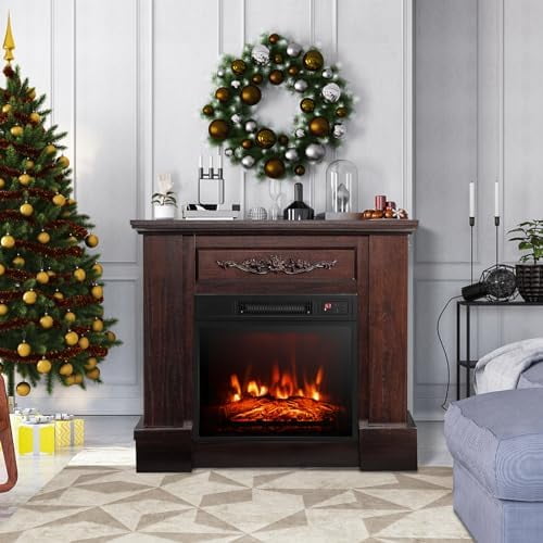 32” Electric Fireplace with Mantel, Package Wooden Firebox Surround ...
