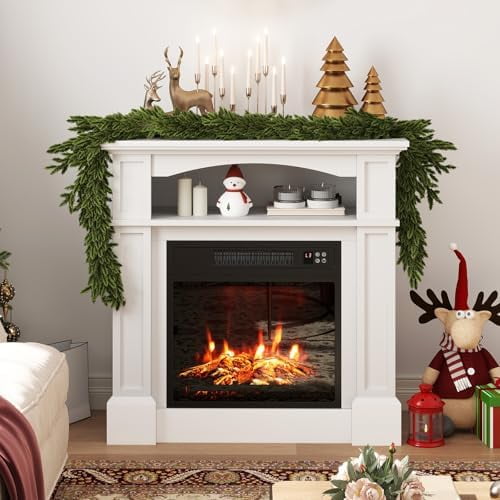 32” Electric Fireplace with Mantel, Package Wooden Firebox Surround ...
