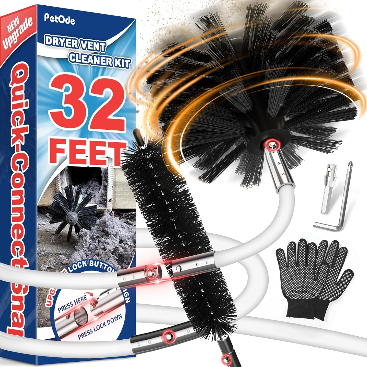 32 Feet Dryer Vent Cleaner Kit, Enhanced Flexible Quick Snap Brush with ...