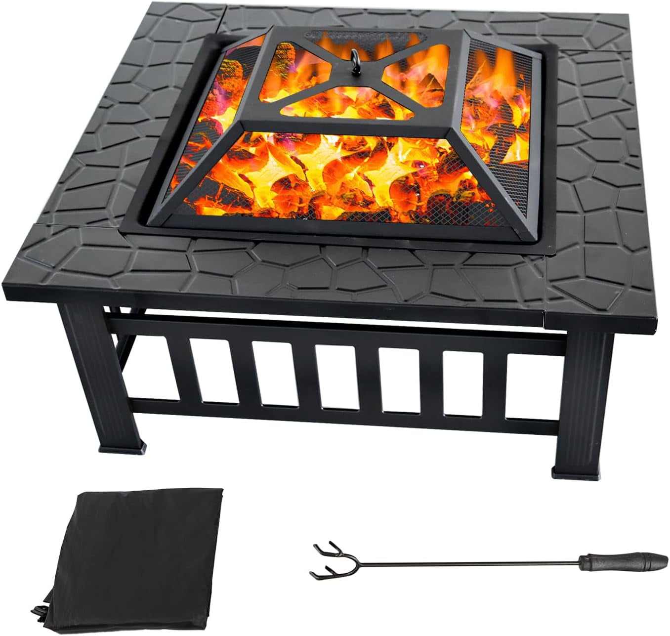 32" Fire Pit Table with Mesh Lid, Fire Grate, Waterproof Cover and Fire ...