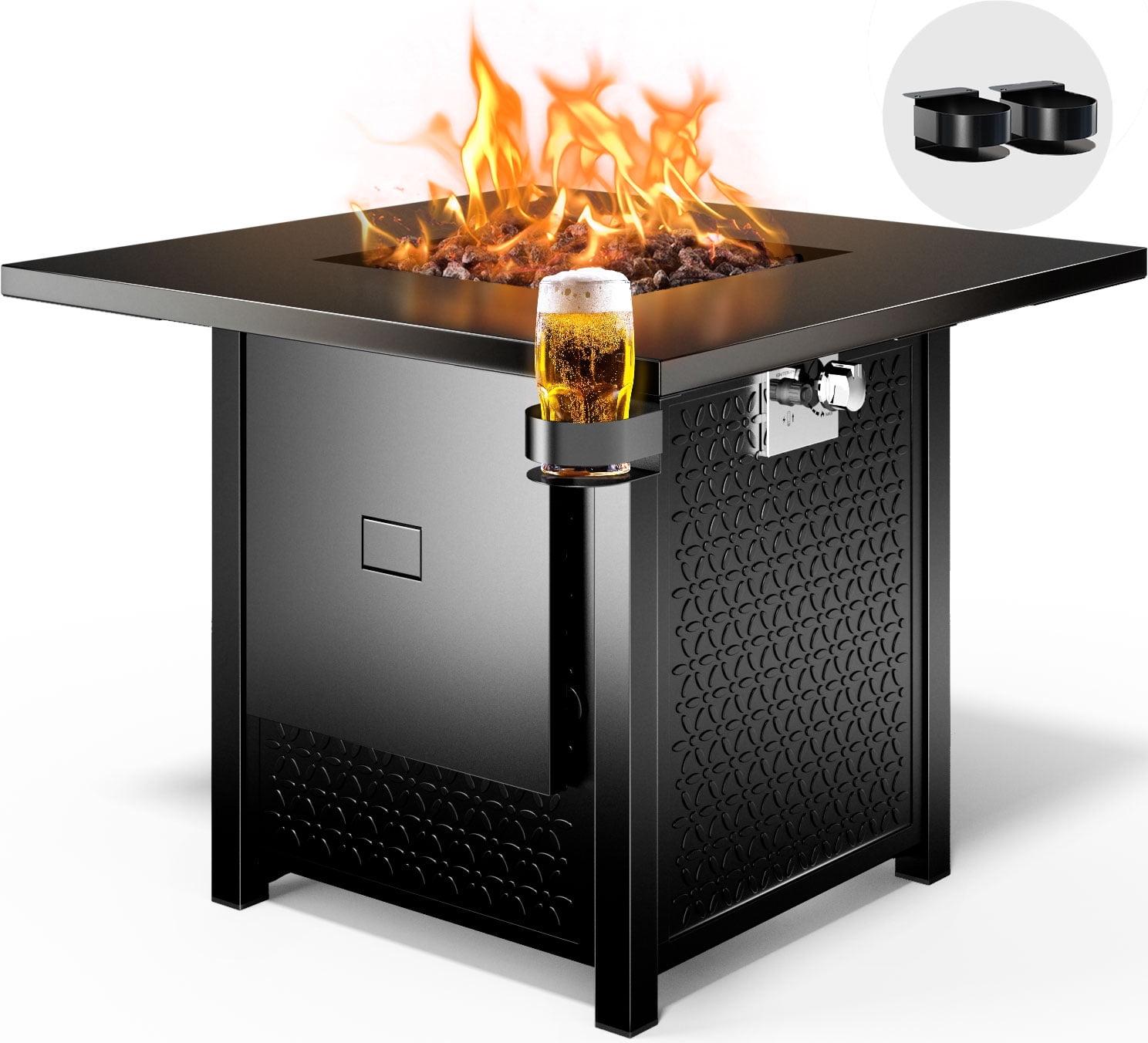 "Large 32"" Black Outdoor Gas Fire Pit Table with Lid and Lava Rock for ...
