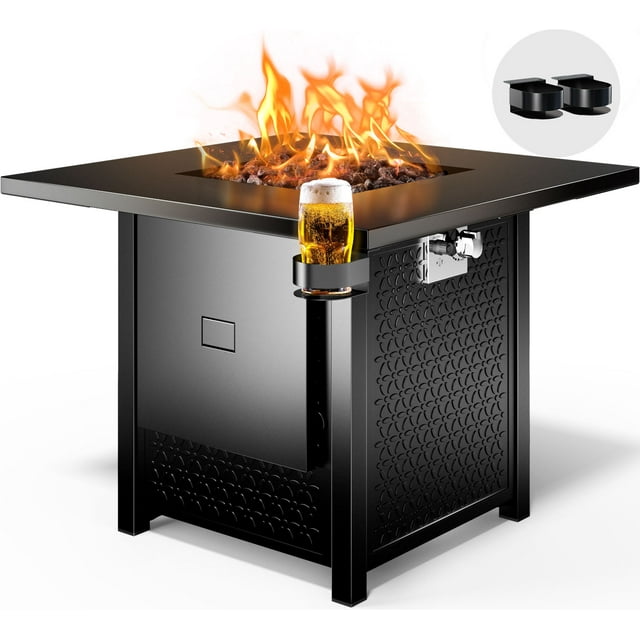 "Large 32"" Black Outdoor Gas Fire Pit Table with Lid and Lava Rock for ...