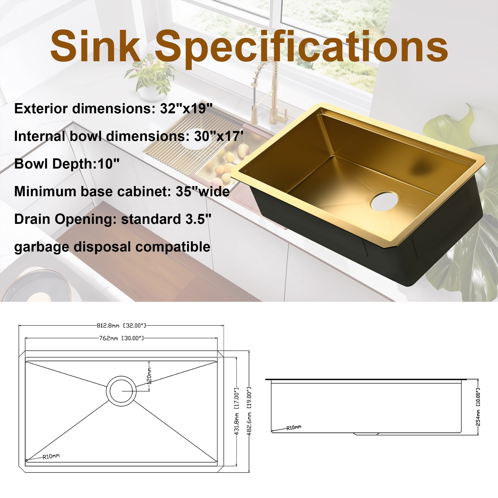 32 Gold Undermount Workstation Kitchen Sink-32 x 19 Inch 16 Gauge ...
