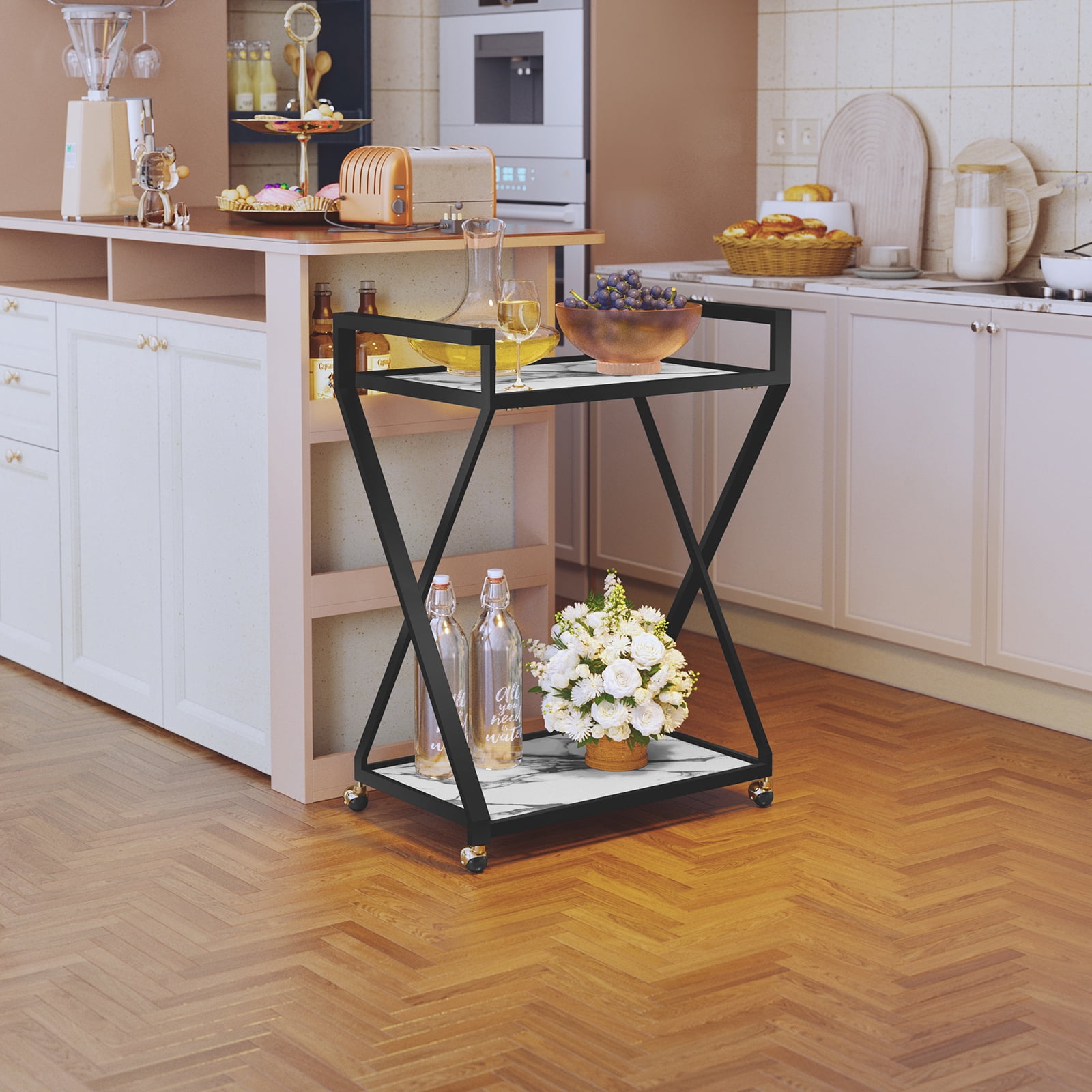 32"H 2-Tier Multifunction Carts with Marble Pattern for Home Utility ...