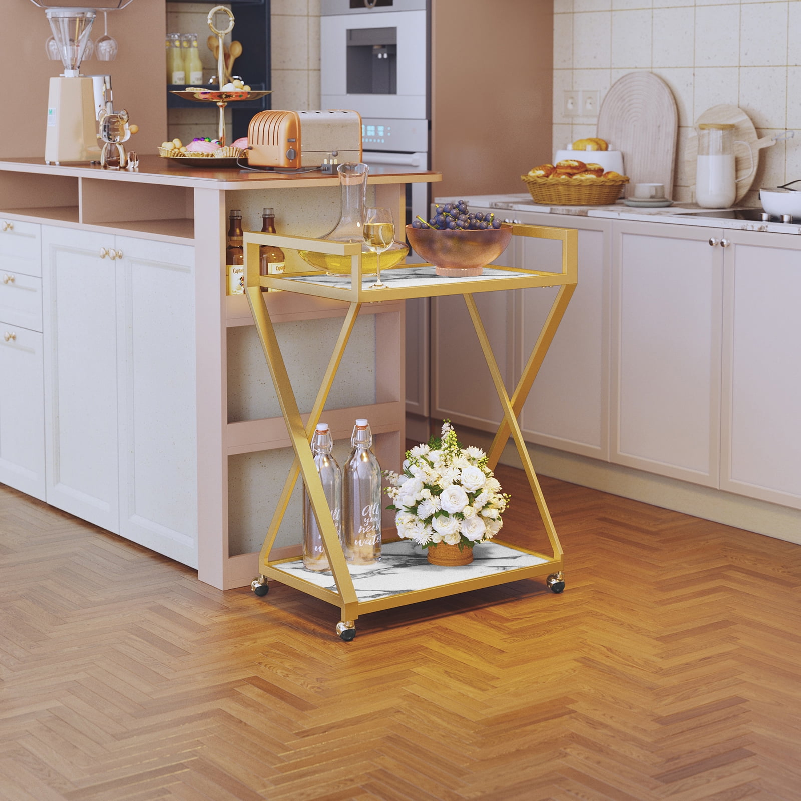 32"H 2-Tier Multifunction Carts with Marble Pattern for Home Utility ...