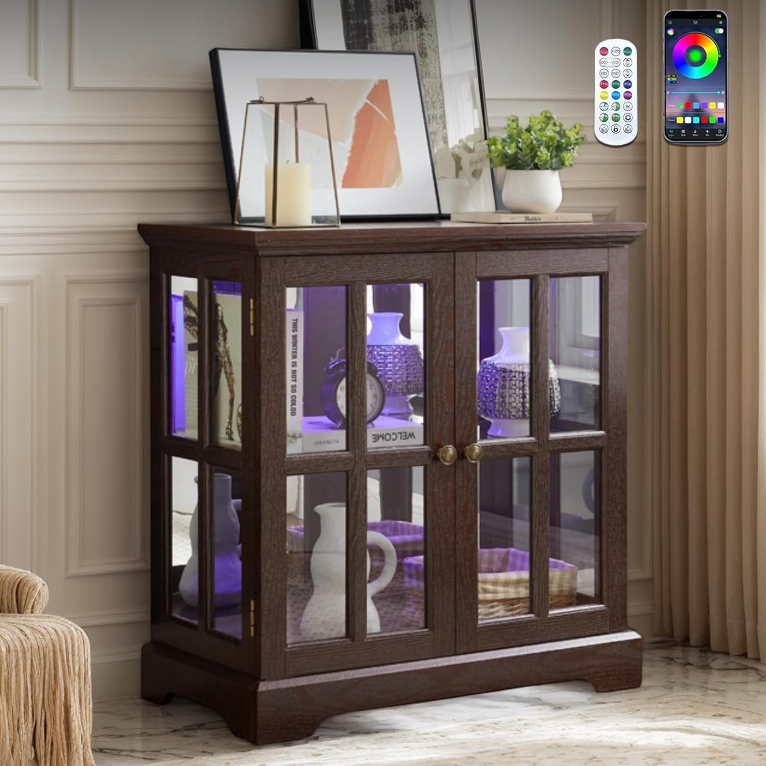 32"H Small Curio Cabinet with 7 Color Lights for Collectibles ...