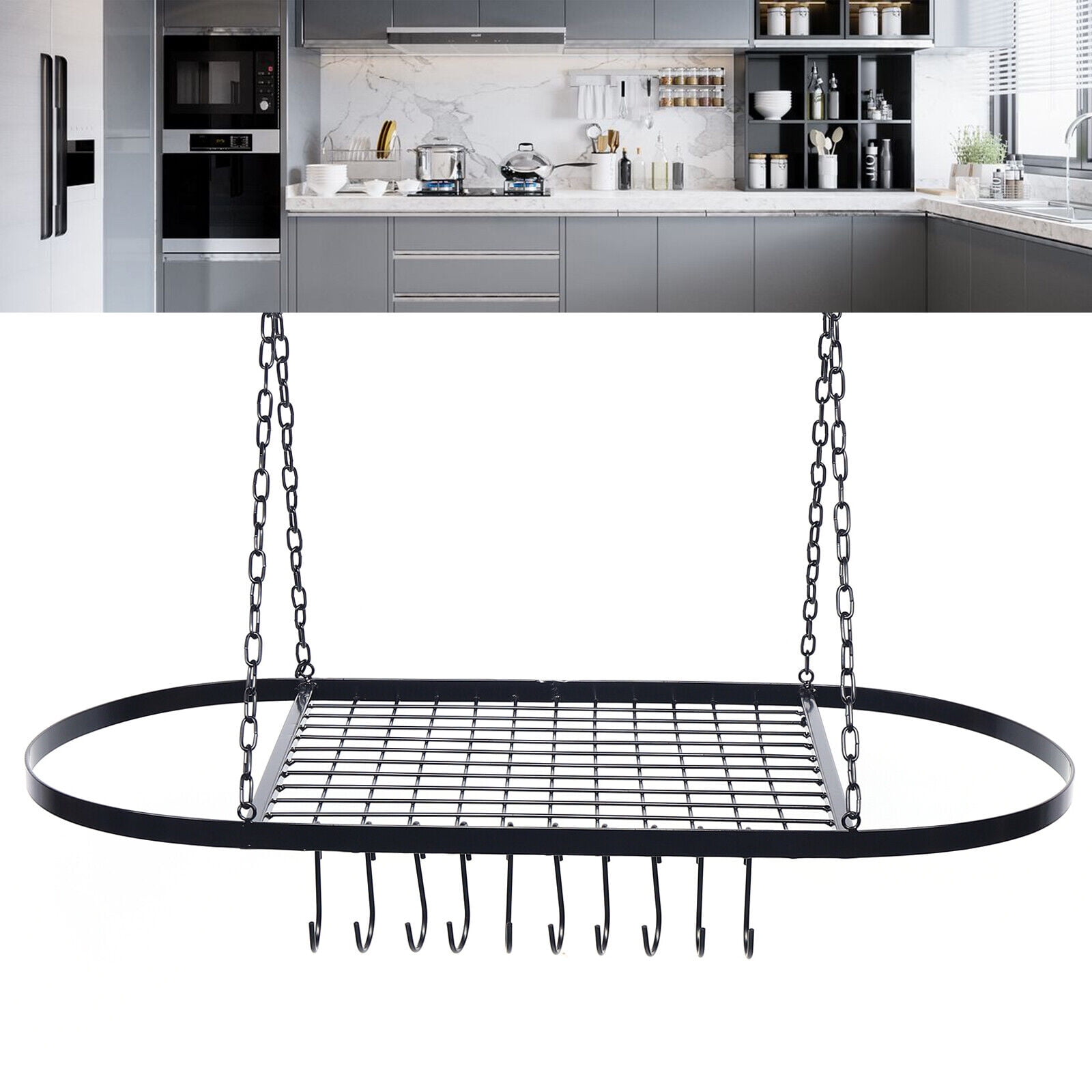 32" Hanging Pot Pan Rack Hanger Cookware Holder Ceiling Storage Shelf ...