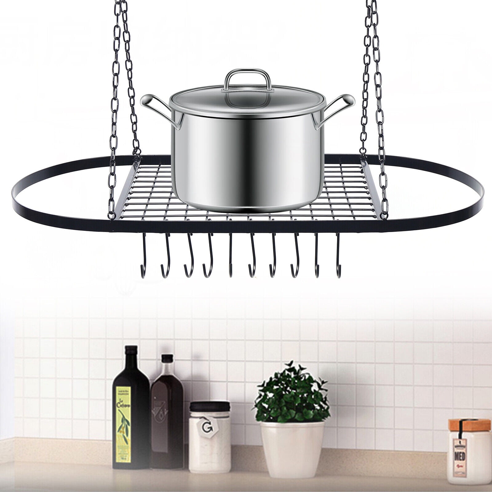 32" Hanging Pot Rack Holder Storage Pan Rack Hanger Shelf Cookware Rack ...