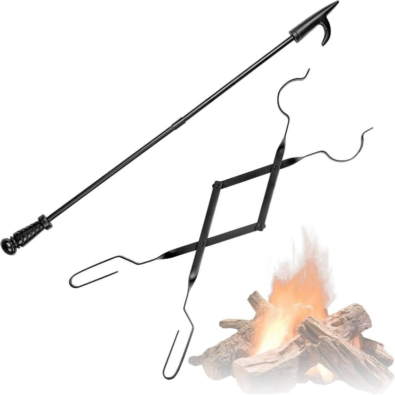 32" Heavy-Duty Fire Pit Poker & Log Grabber Set with 25" Fire Tongs ...