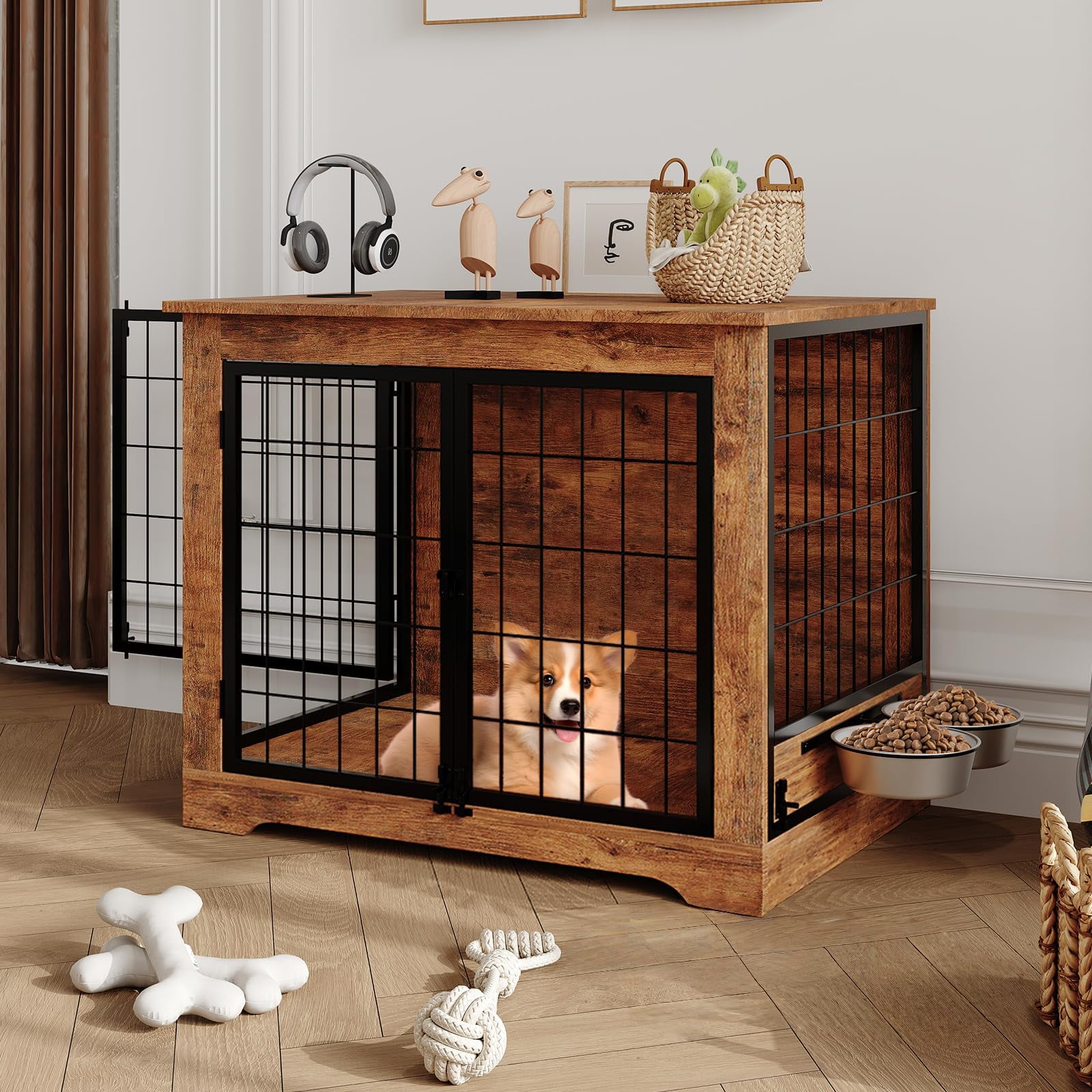 32" Heavy Duty Rustic Wood Dog Crate | Chew-Resistant Furniture Kennel ...