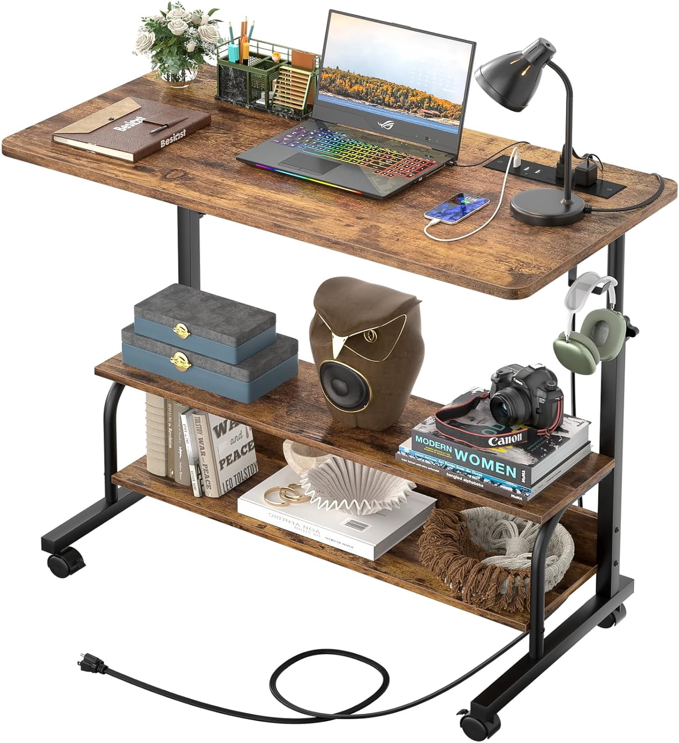 32" Height Adjustable Standing Desk with Power Outlets - Manual Rolling ...