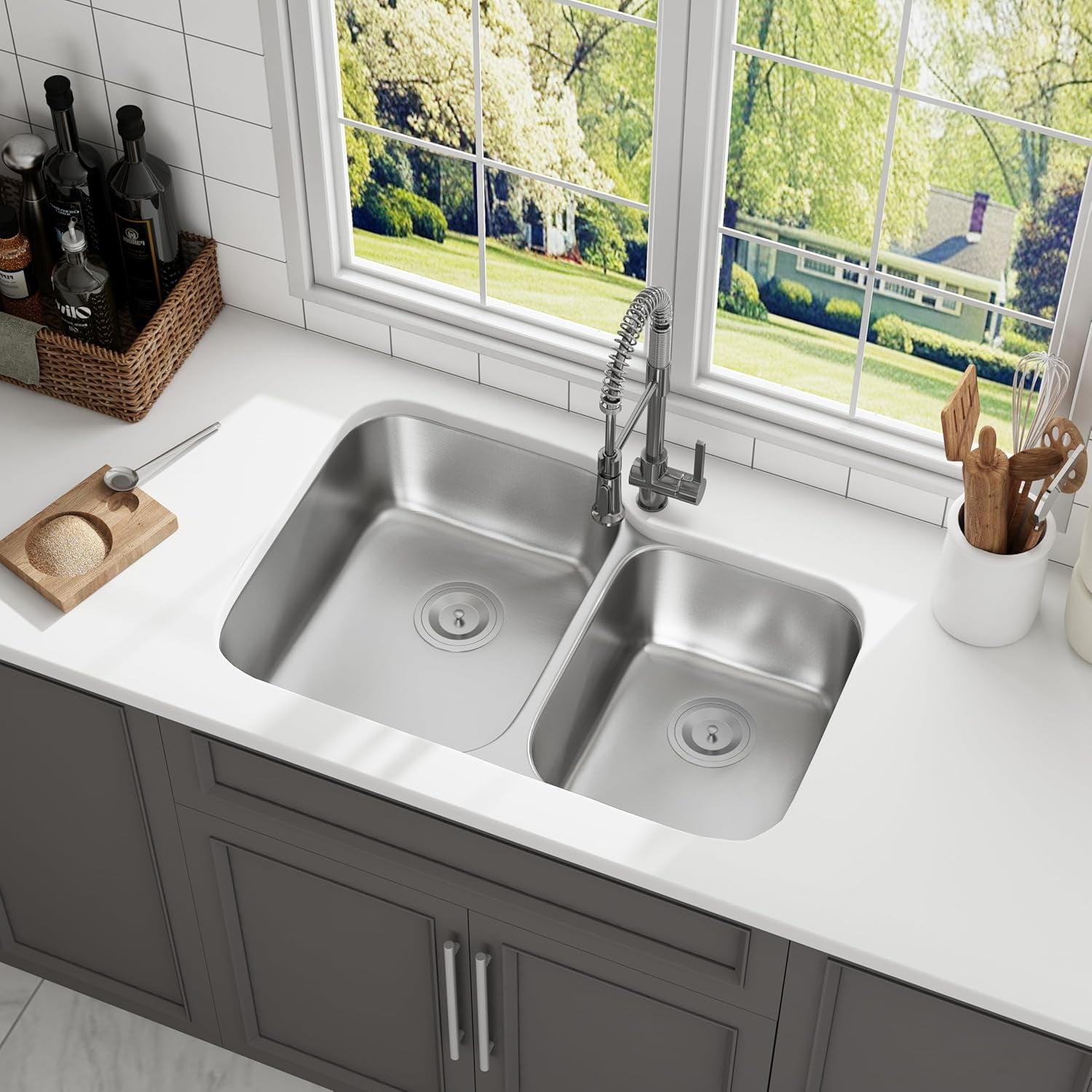 32 Inch 60/40 Double Bowl Undermount Kitchen Sink 18 Gauge Stainless ...