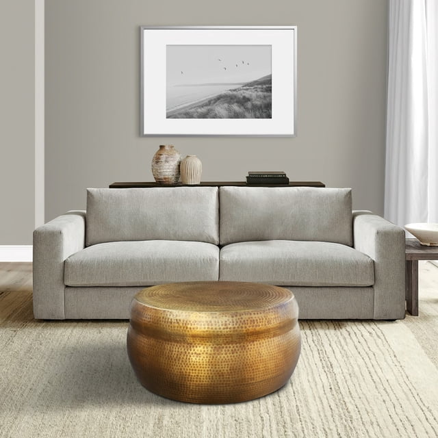 Saltoro Sherpi 32 Inch Round Drum Coffee Table – Antique Brass Aluminum ...