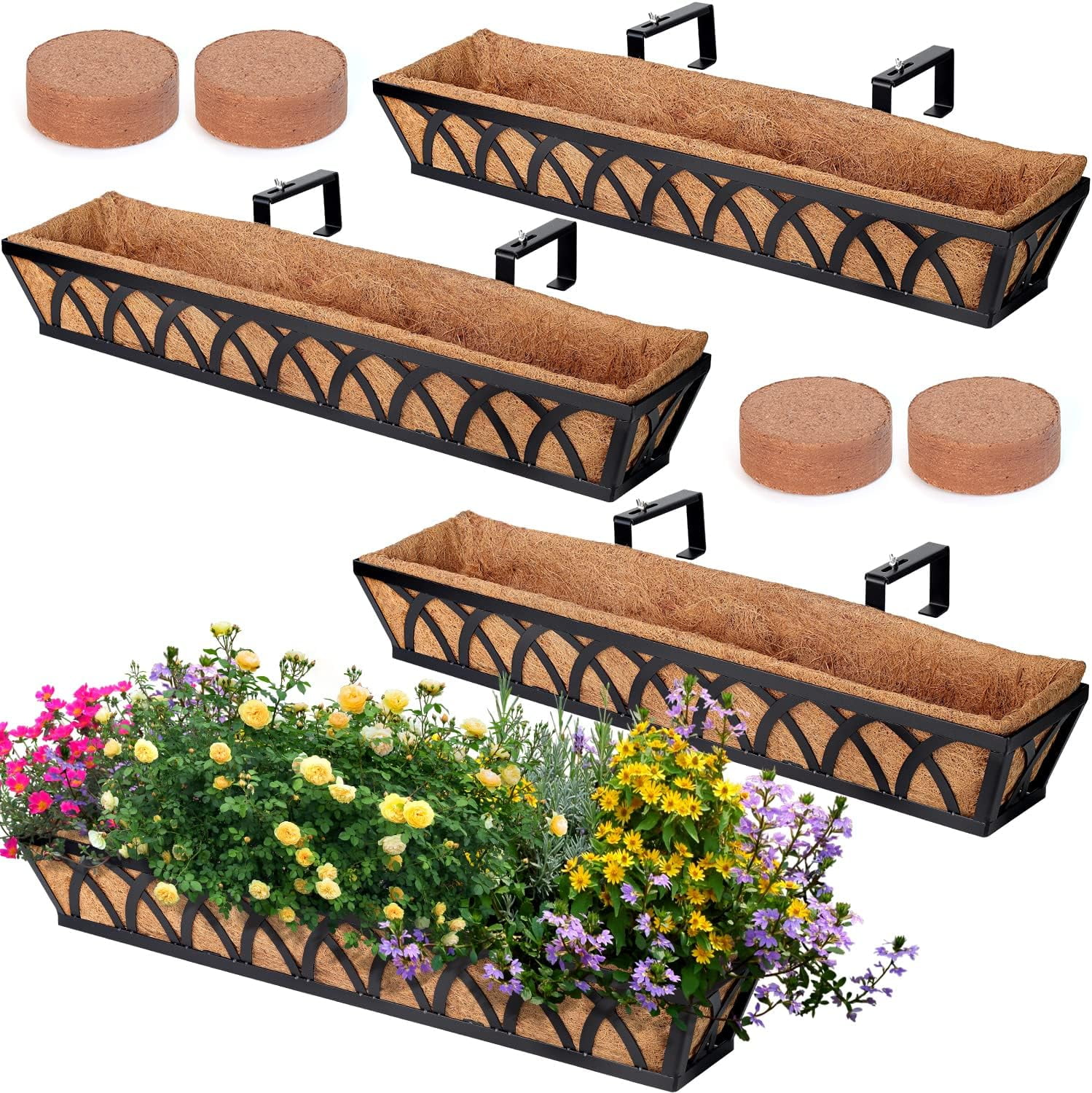 32 Inch Black Metal Window Box Railing with Coco Liner for Outdoor ...