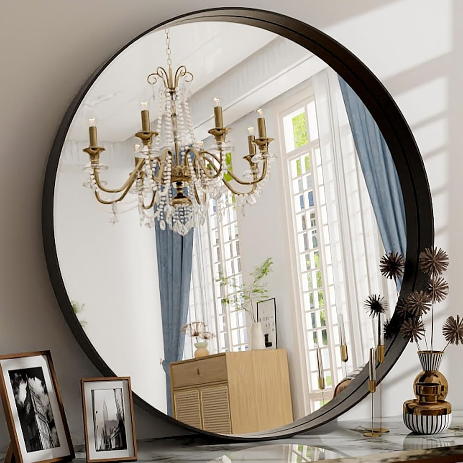 32 Inch Black Round Bathroom Mirror - Wall Mounted Circular Mirror with ...