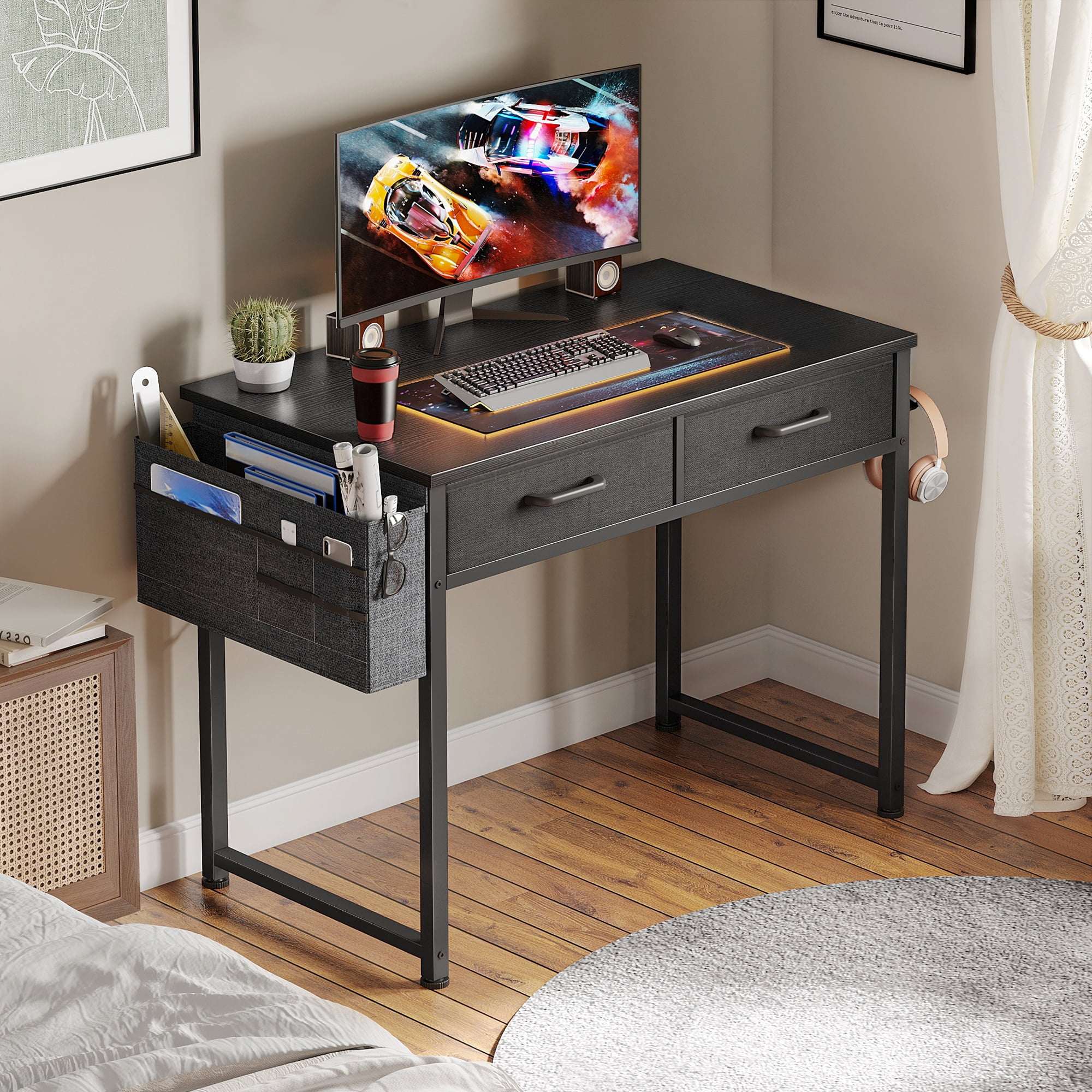 32 Inch Black Writing Desk with 2 Fabric Drawers & Storage Bag, Modern ...