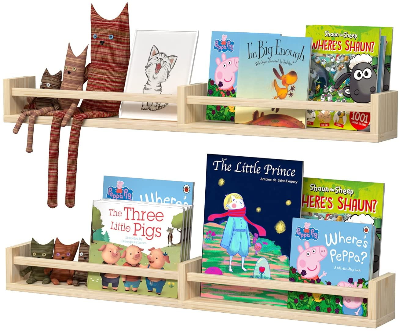 32 Inch Classic Nursery Shelves, Set of 2 Natural Wood Floating Book ...