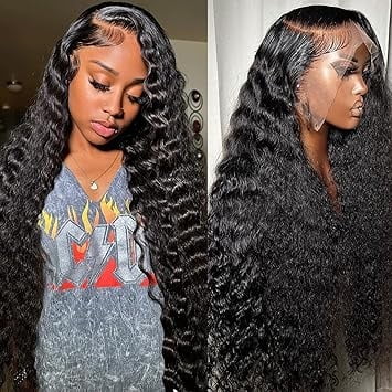 32 Inch Deep Wave Wig 13x4 Transparent Lace Front Human Hair Water Wave ...