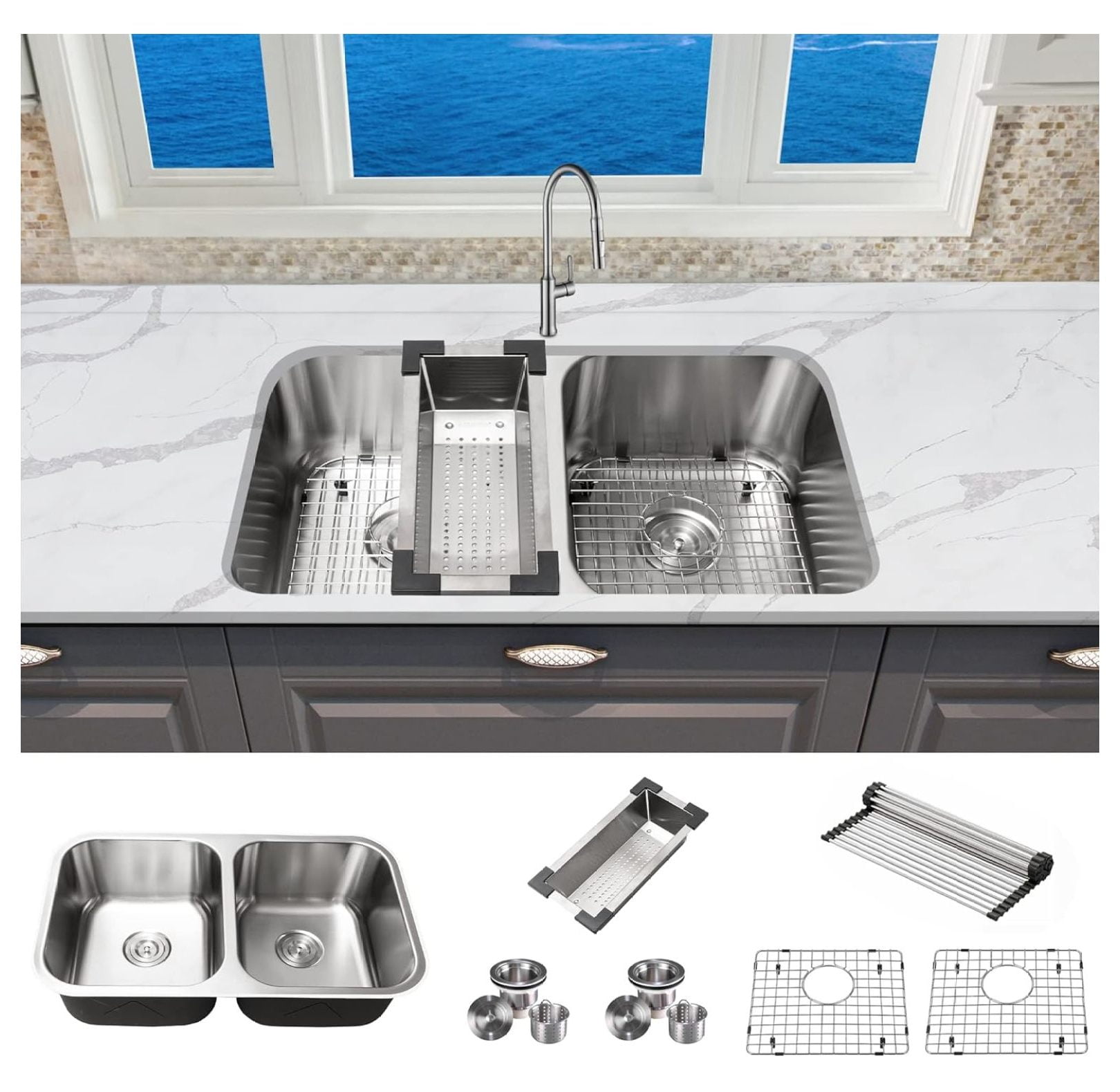 32 Inch Double Bowl Stainless Steel Classic Kitchen Sink, Rust ...
