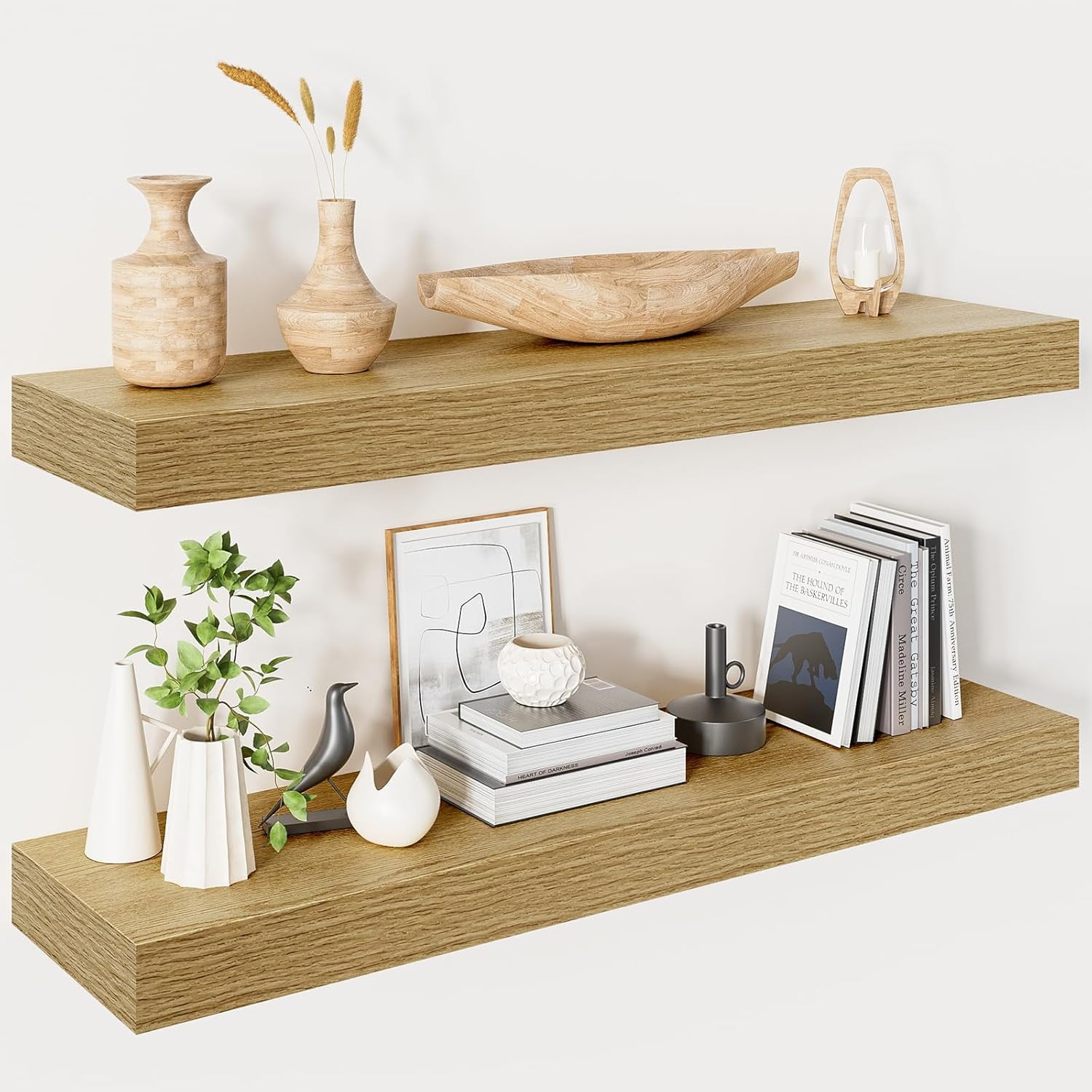 32 Inch Floating Shelves for Wall,Oak 9.3" Deep Floating Shelf Set of 2 ...