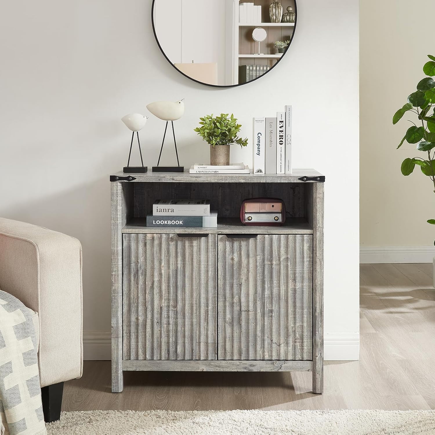 32 Inch Fluted Sideboard Cabinet with Open Shelf & Adjustable Shelves ...