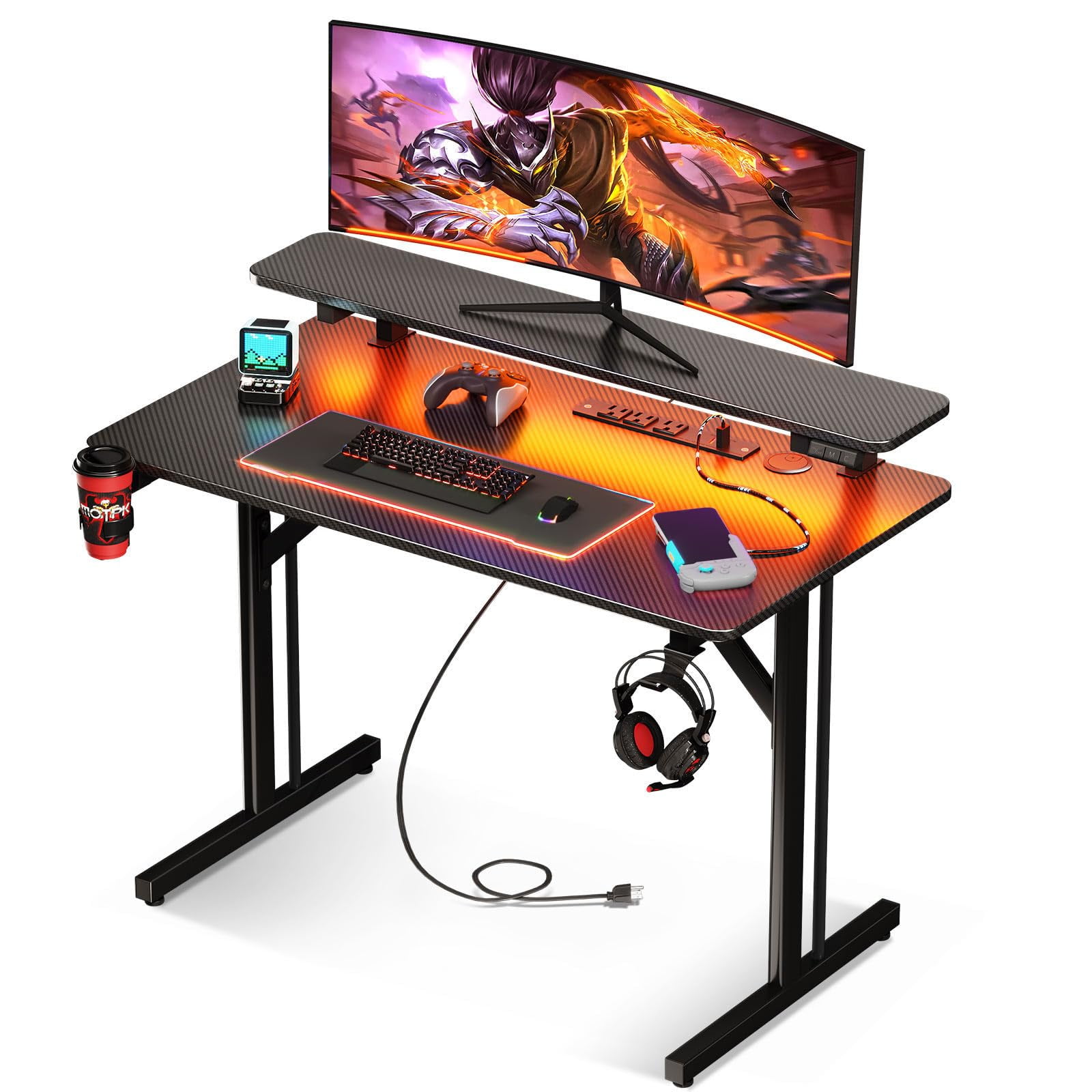 32 Inch Gaming Computer Desk with LED Lights and Power Outlets, Compact ...