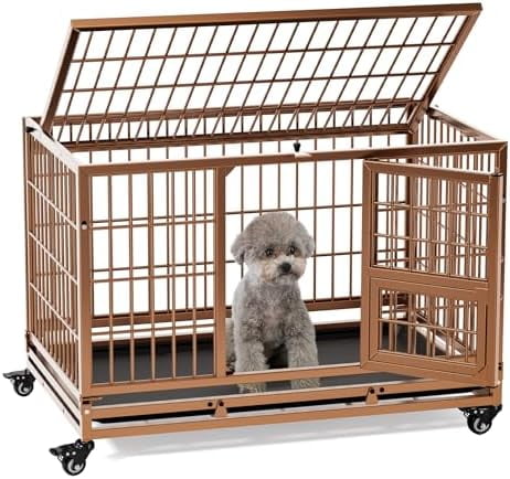 32 Inch Heavy Duty Dog Crate with Wheels, Folding Metal Dog Cage for ...