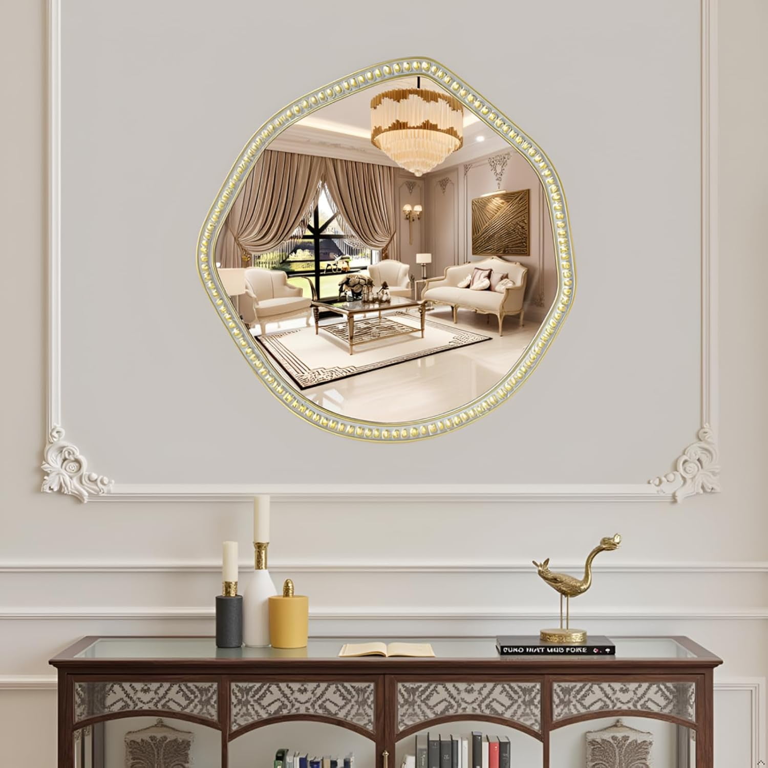 32 Inch Irregular Wooden Wall Mirror with Beaded Decor, Rustic ...