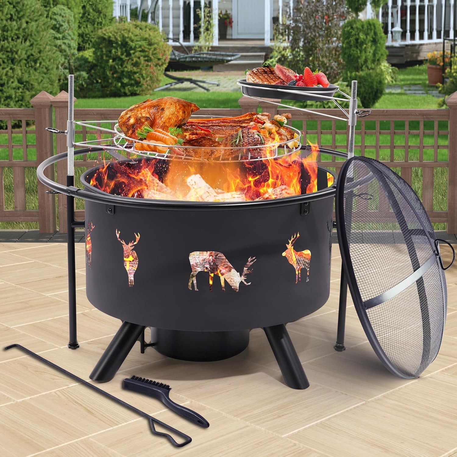 32 Inch Large Fire Pit with 2 Grills, Outdoor Wood Burning Fire Pit ...