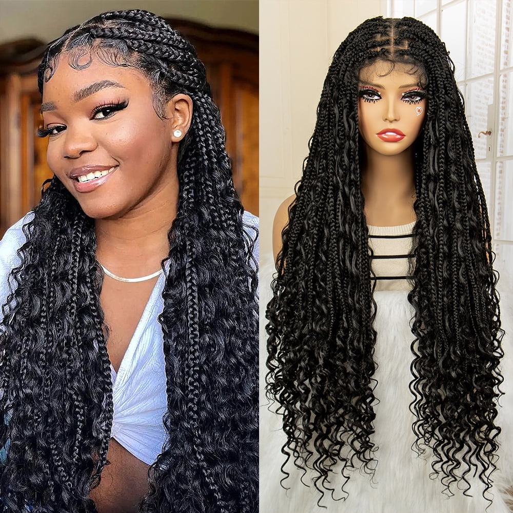 32 Inch Long Curly Braided Wigs Box Braiding Wig with Baby Hair Full ...