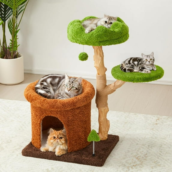 32-Inch Multi-Level Cat Tree Tower, Natural Wooden Cat Furniture with ...