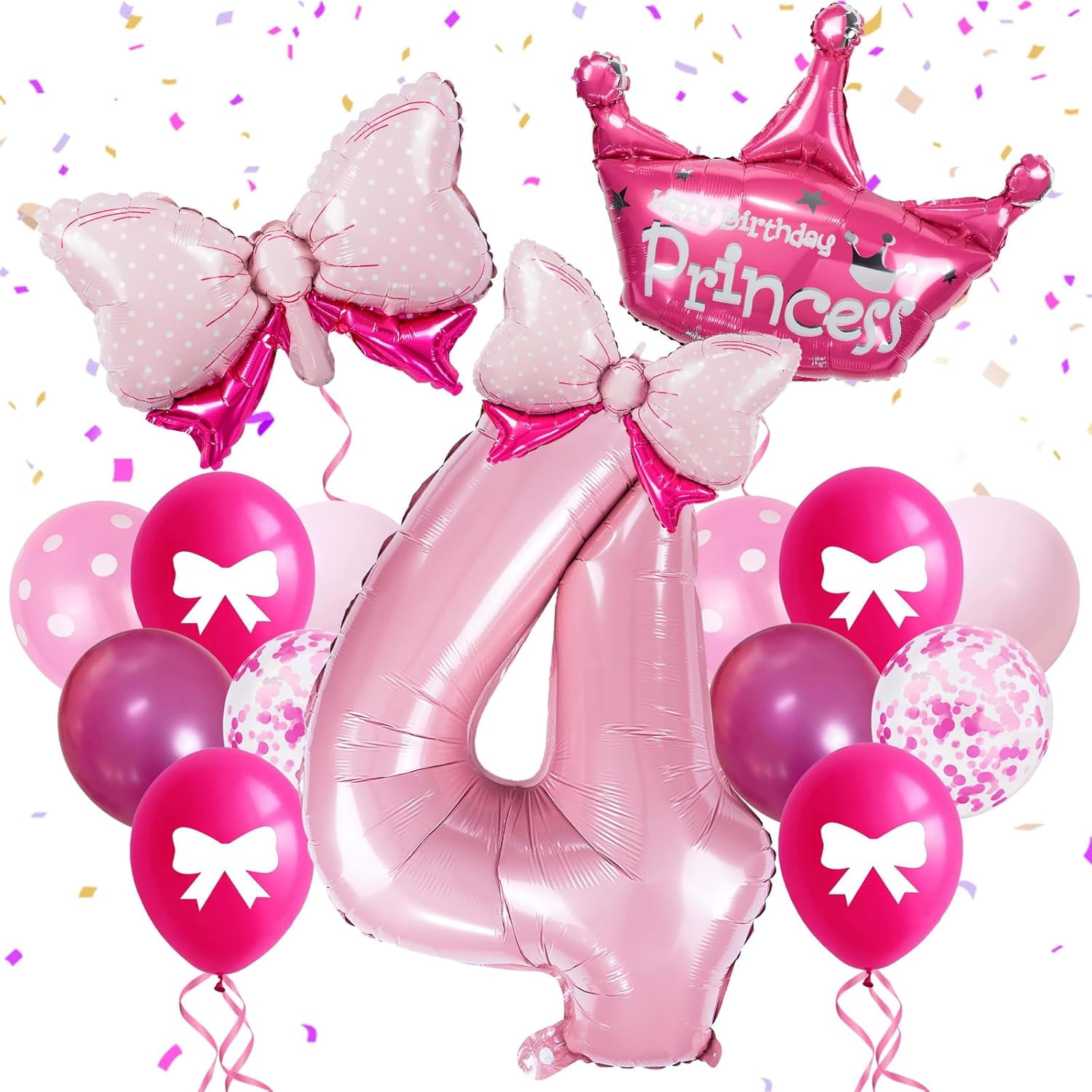 32-Inch Number 4 Balloon Set with Bows & Crown - Pink princess birthday ...