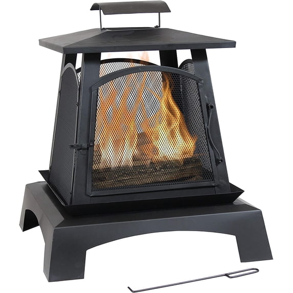 32-Inch Pagoda-Style Steel Wood-Burning Fire Pit with Log Grate and ...