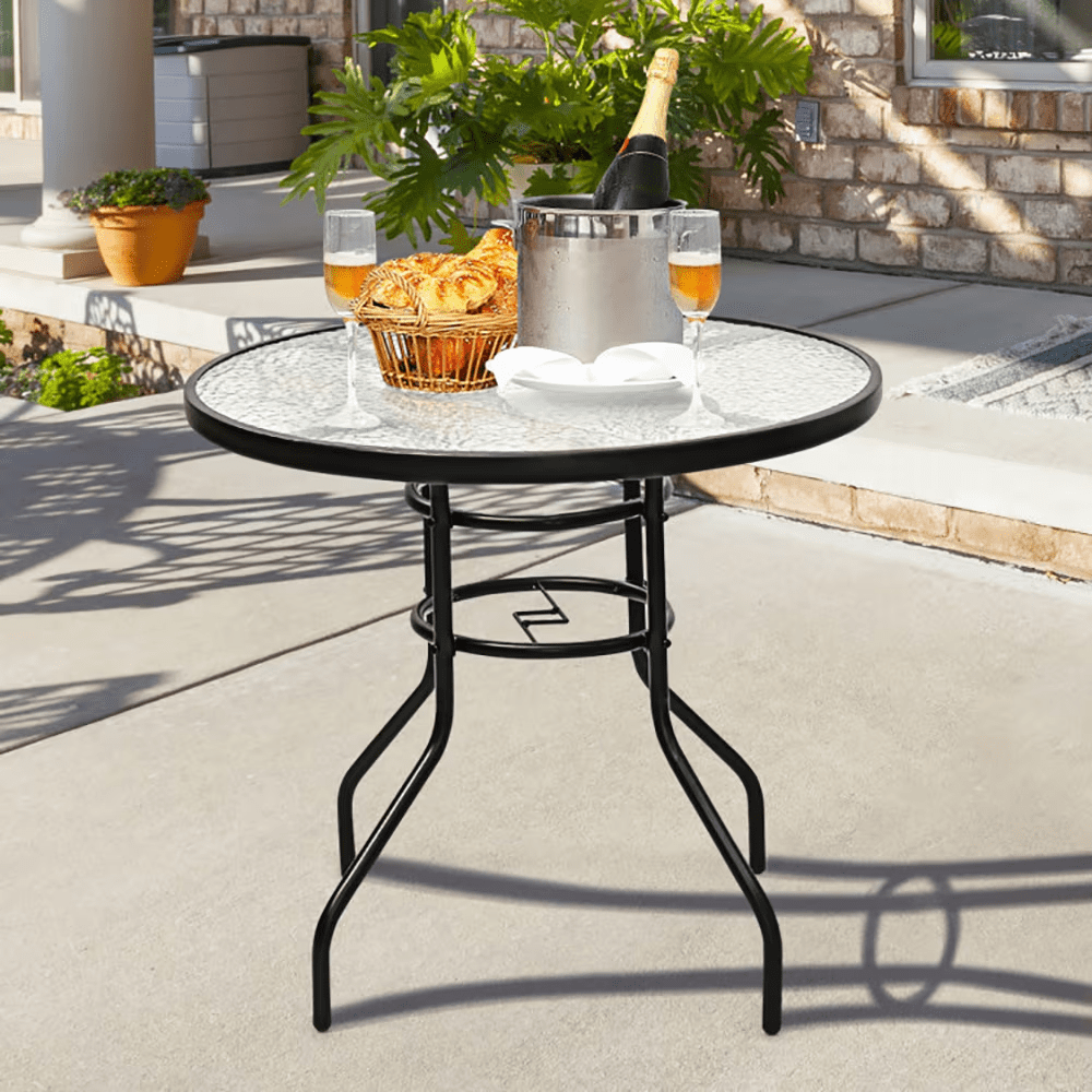 32 Inch Patio Tempered Glass Steel Frame Round Table with Convenient ...