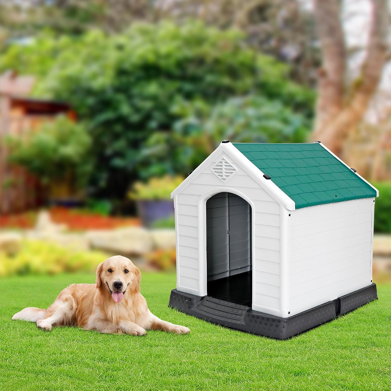 32 Inch Plastic Dog House Indoor Outdoor Sturdy Water-Proof Puppy ...