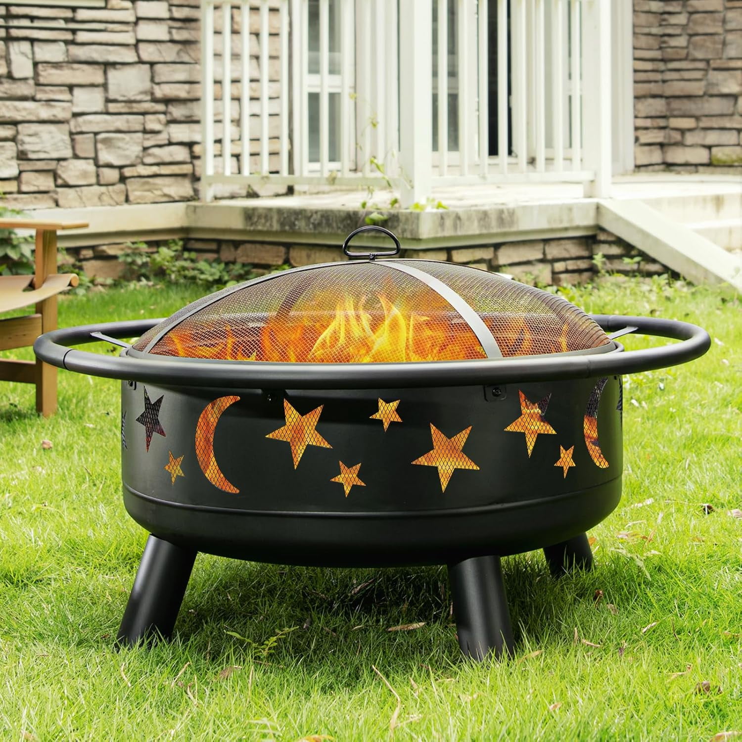 32 Inch Round Fire Pit with Mesh Cover, Fire Poker, Star and Moon ...