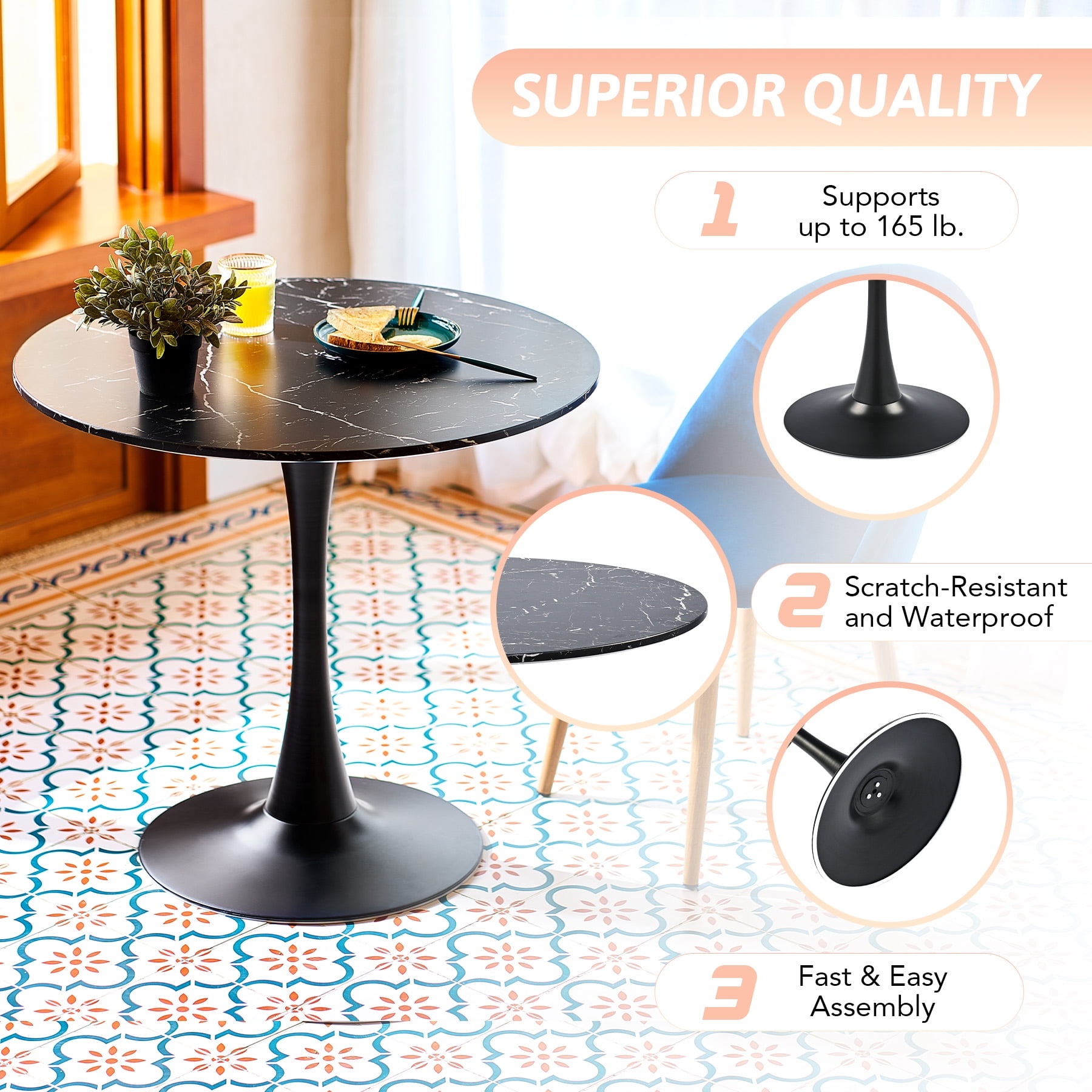 32 Inch Round Small Base Dinner Table w Marble Top & Metal Tulip ...