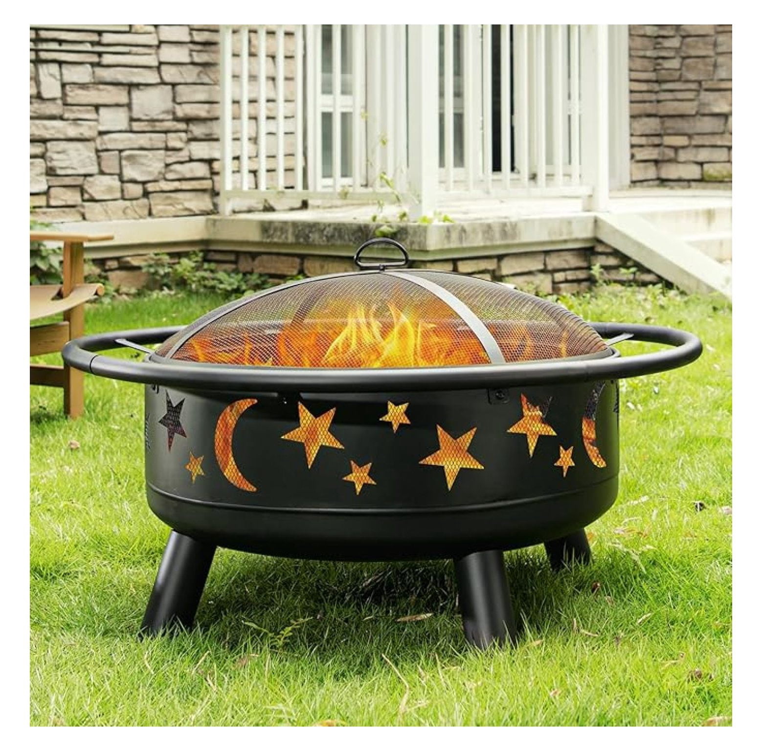 32 Inch Round with Mesh Cover, Fire , Star and Moon Design, Metal Wood ...