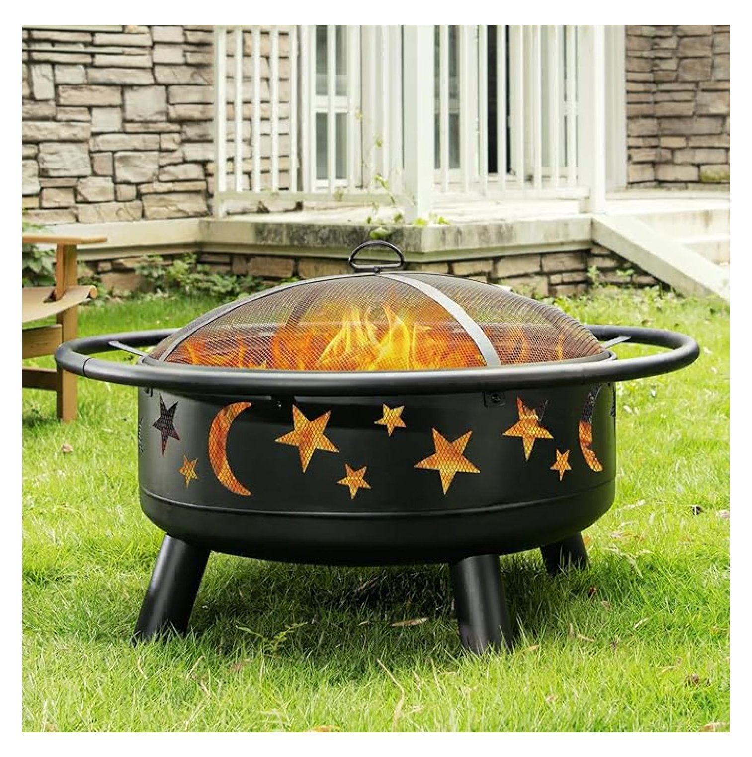 32 Inch Round with Mesh Cover, Fire , Star and Moon Design, Metal Wood ...