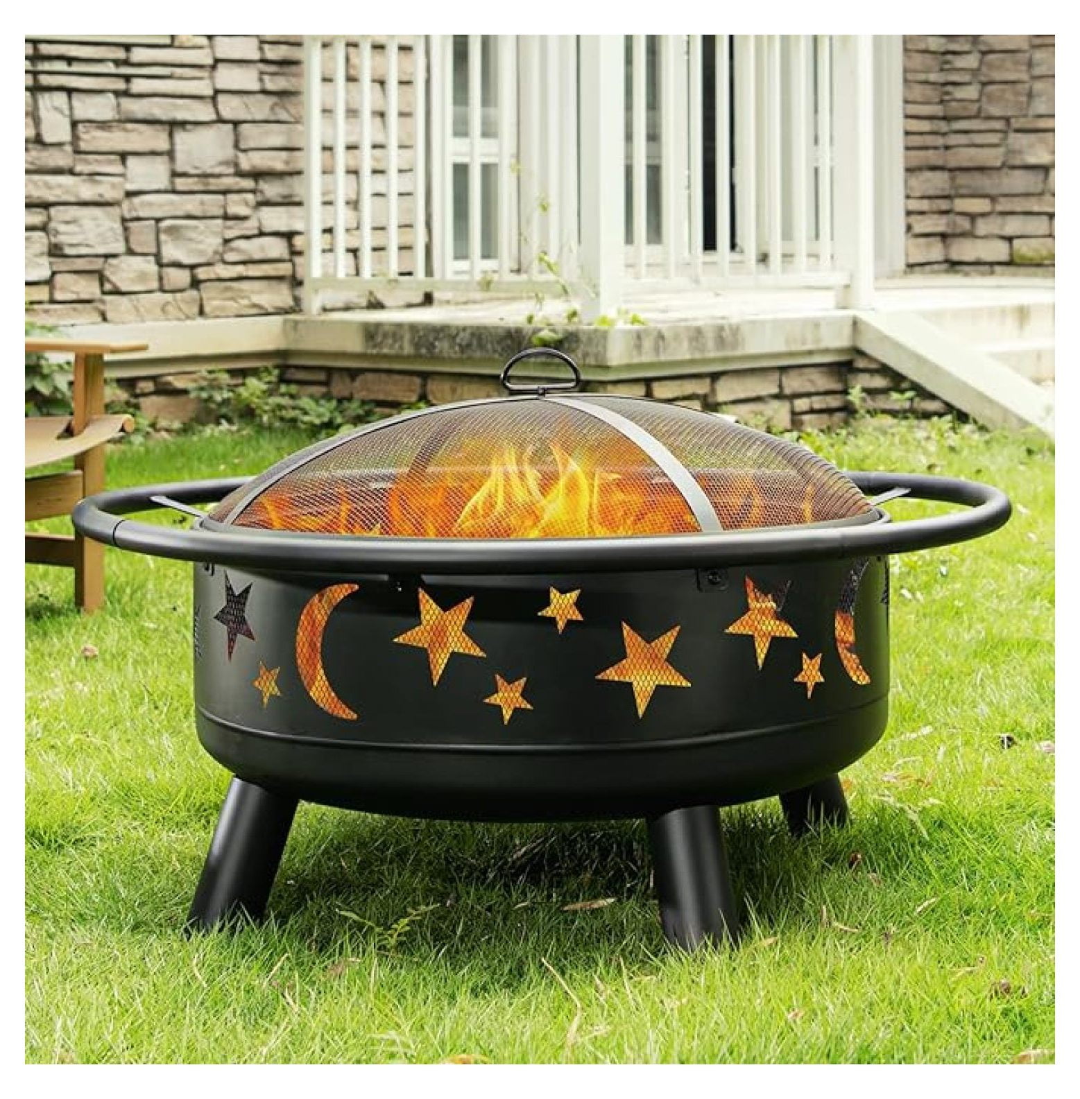 32 Inch Round with Mesh Cover, Fire , Star and Moon Design, Metal Wood ...