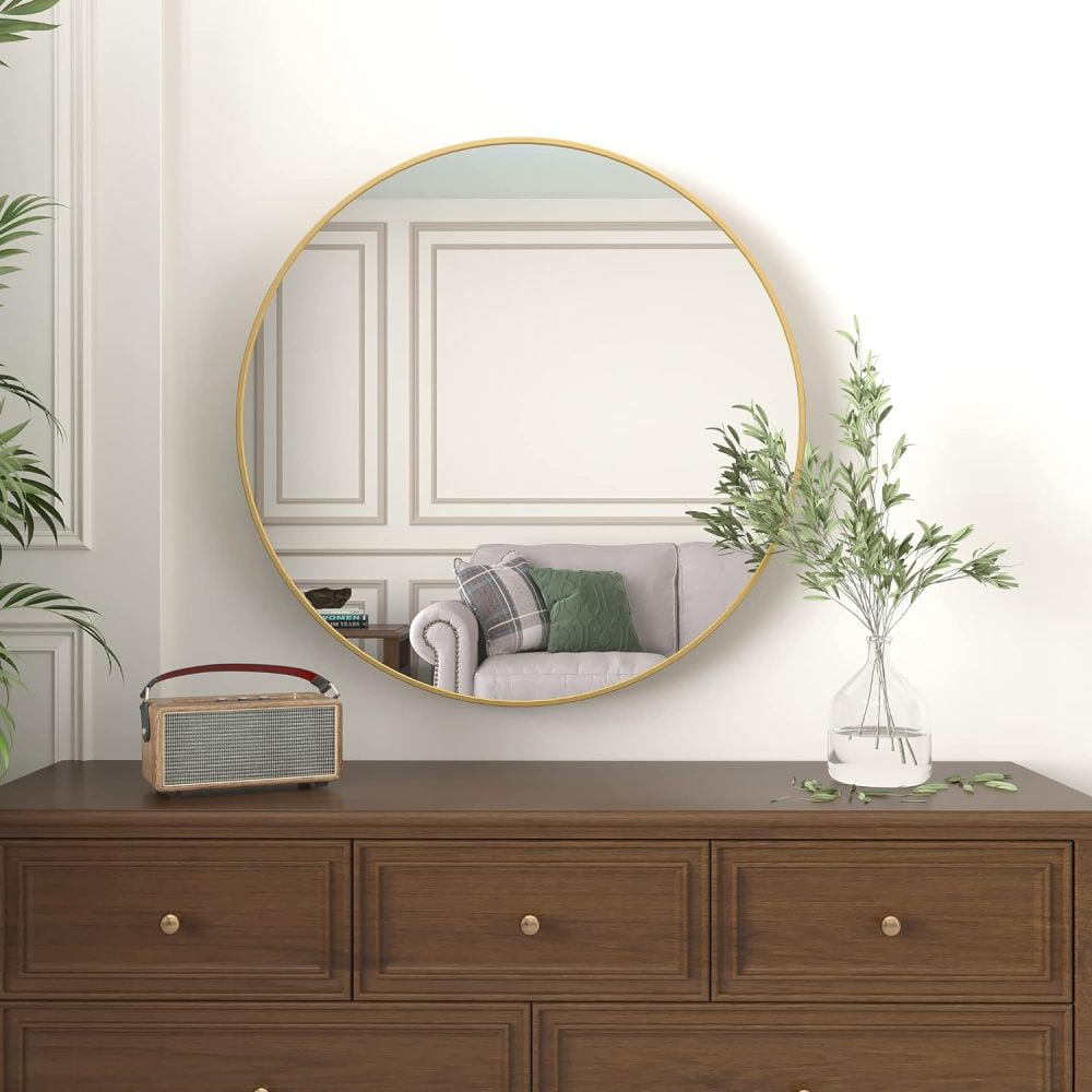 32 Inch Round Mirror, Metal Frame Circle Mirror, Wall Mounted for ...