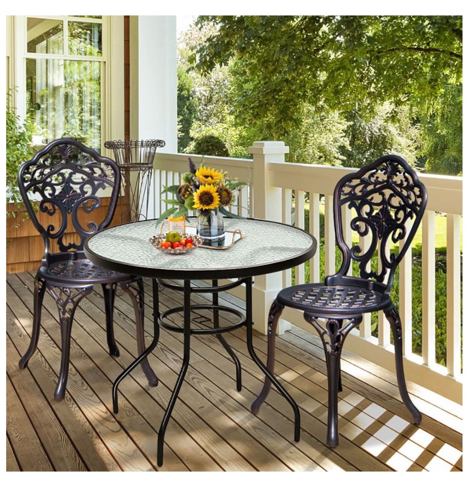 32 Inch Round Patio Table, Tempered Glass Outdoor Table with Umbrella ...