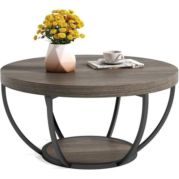 32-Inch Round Two-Tier Coffee Table with Open Storage, Grey and Black ...