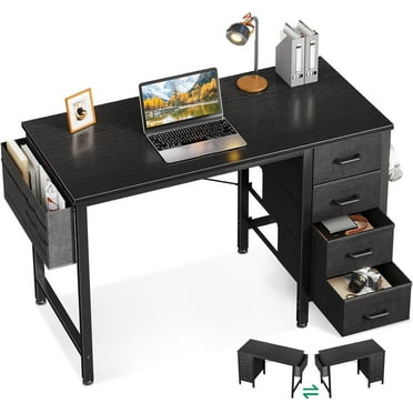 32 Inch Black Writing Desk, Compact Study Table with 2 Fabric Drawers ...