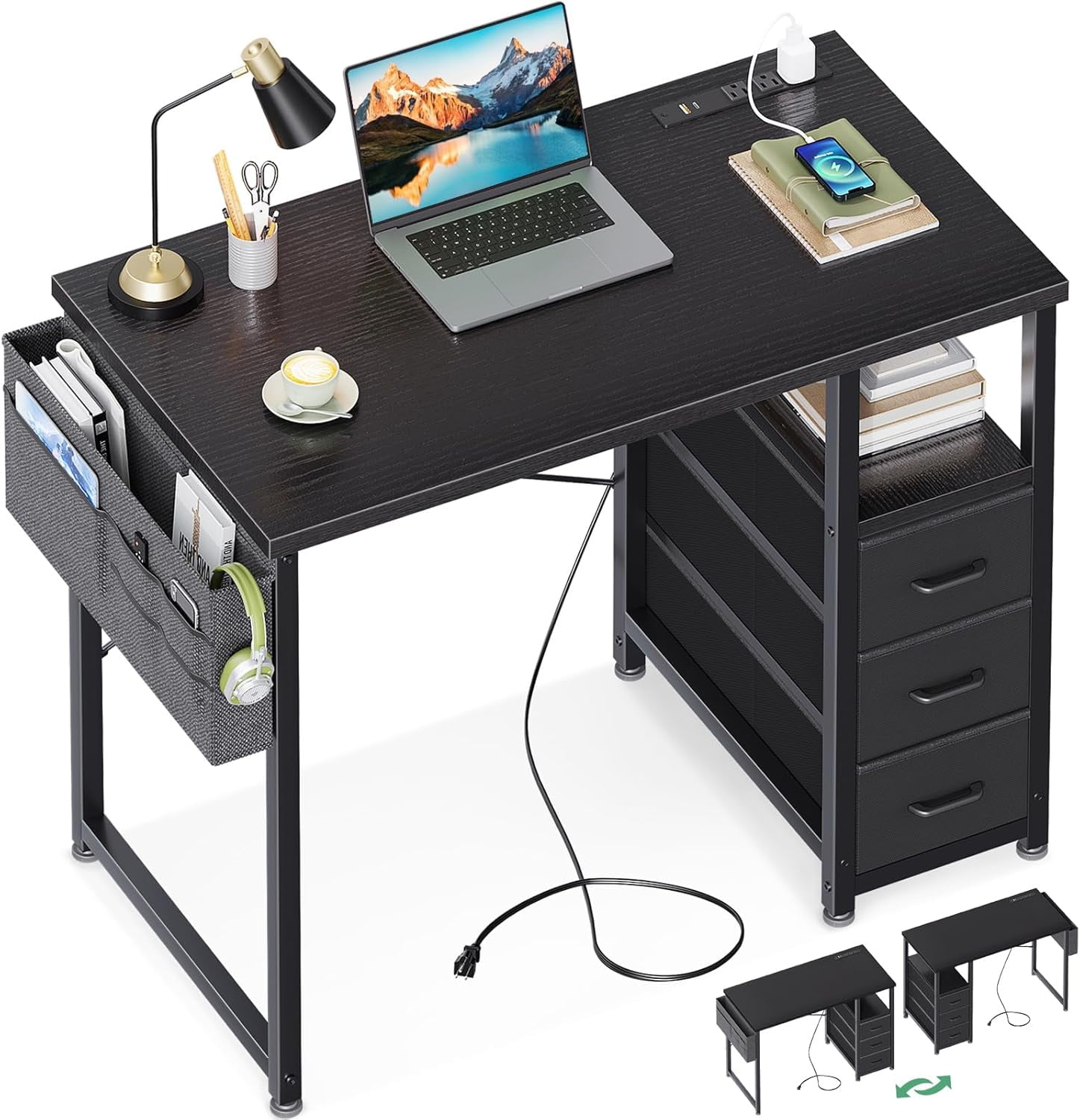 32-Inch Small Computer Desk with Fabric Drawers and Charging Station ...