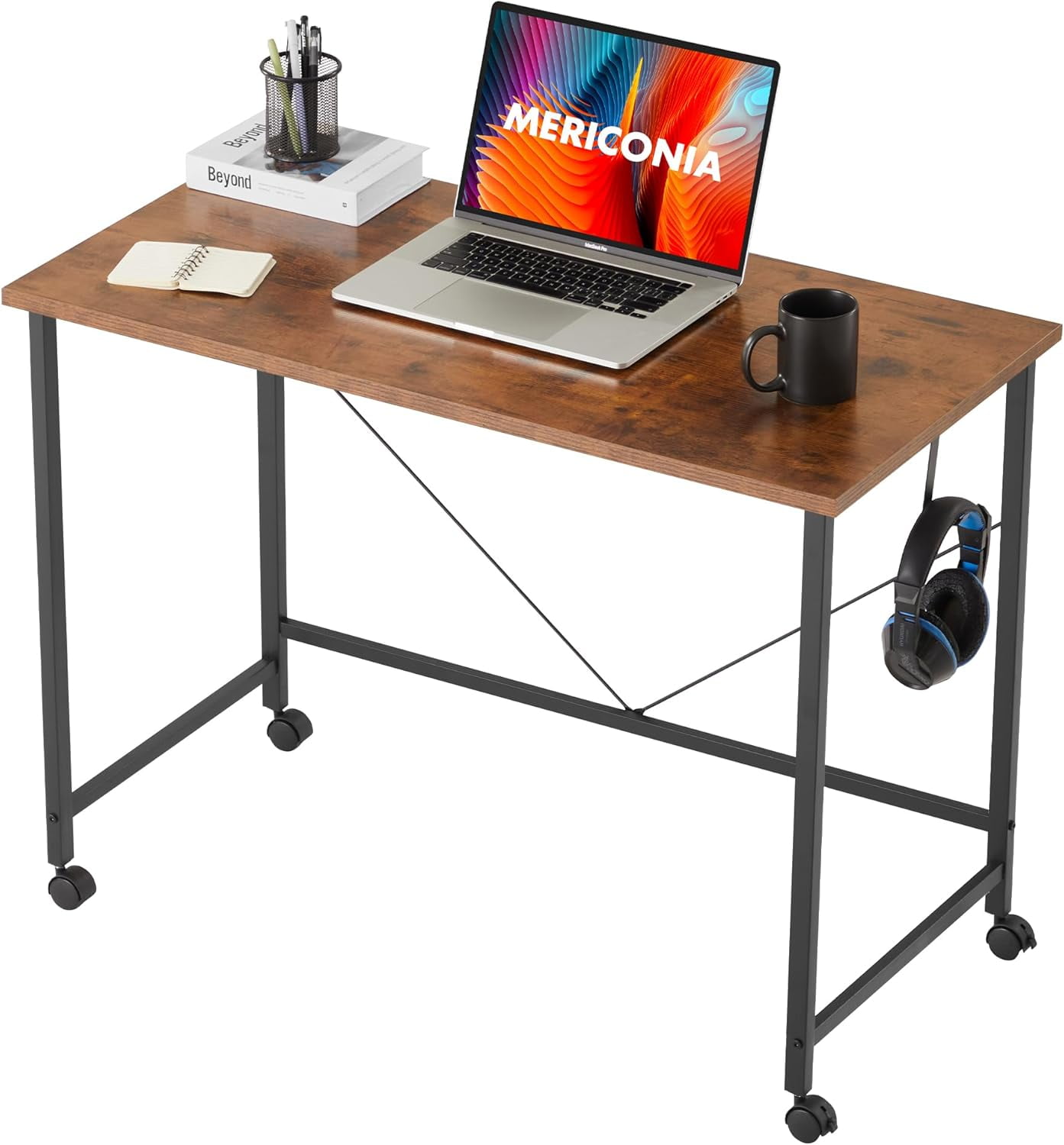 Small Computer Desk with Wheels, Gaming Desk for Small Spaces, Modern ...